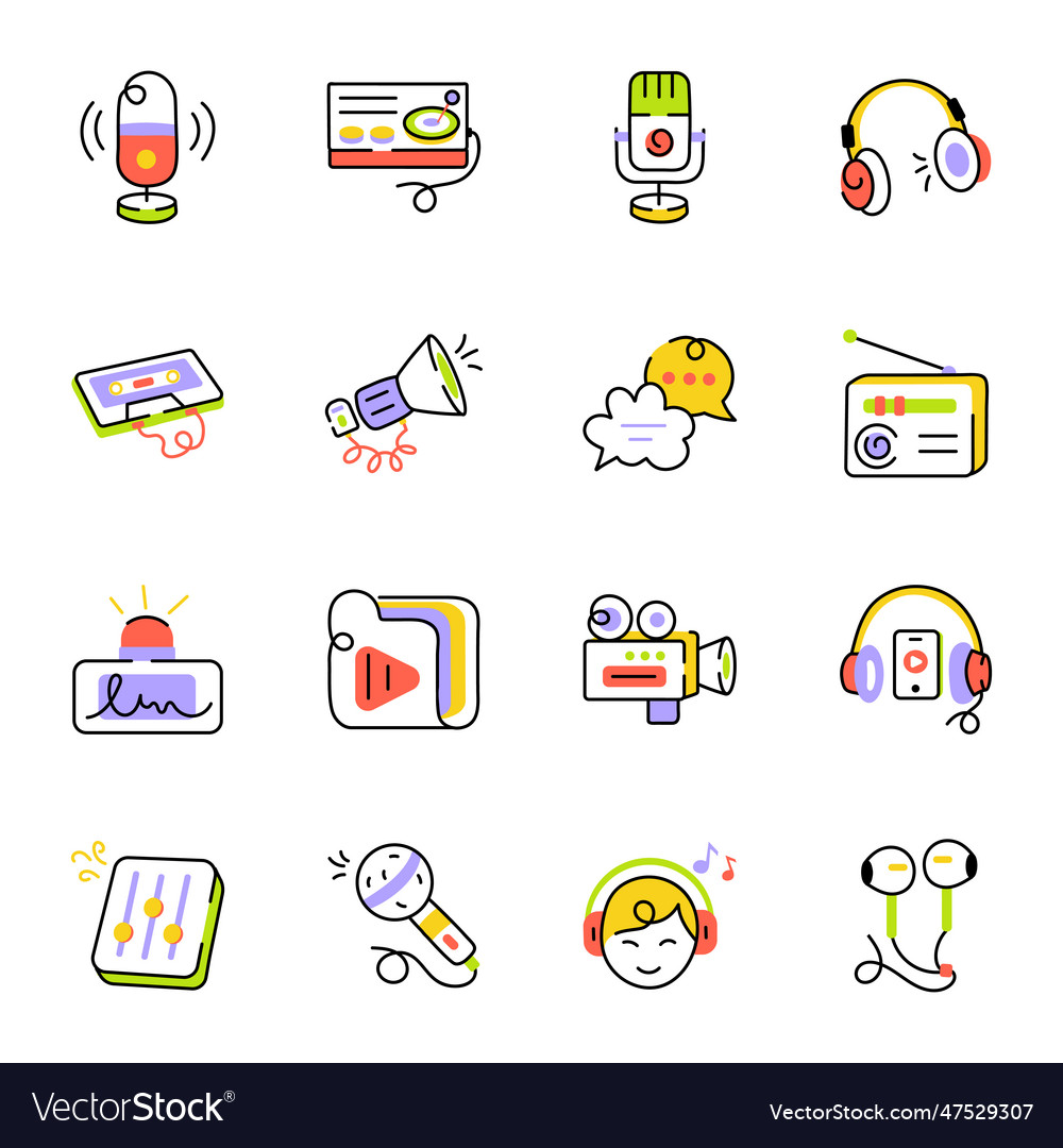 Set of podcast media sketchy icons Royalty Free Vector Image