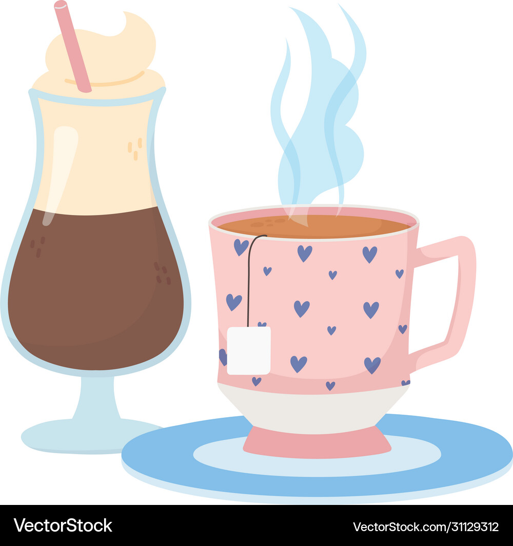 Coffee time cups latte and tea teabag fresh Vector Image
