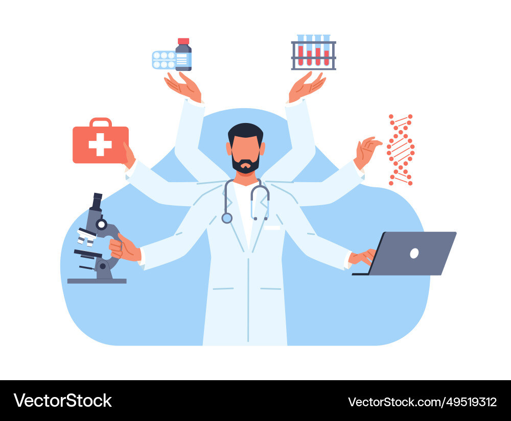 Multitasking physician male doctor with many Vector Image