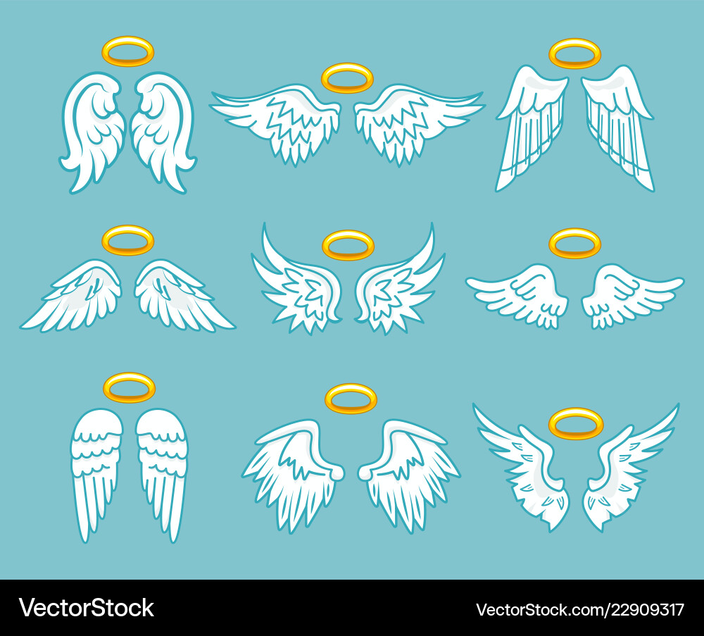 Angel white feather wings with nimbus set Vector Image