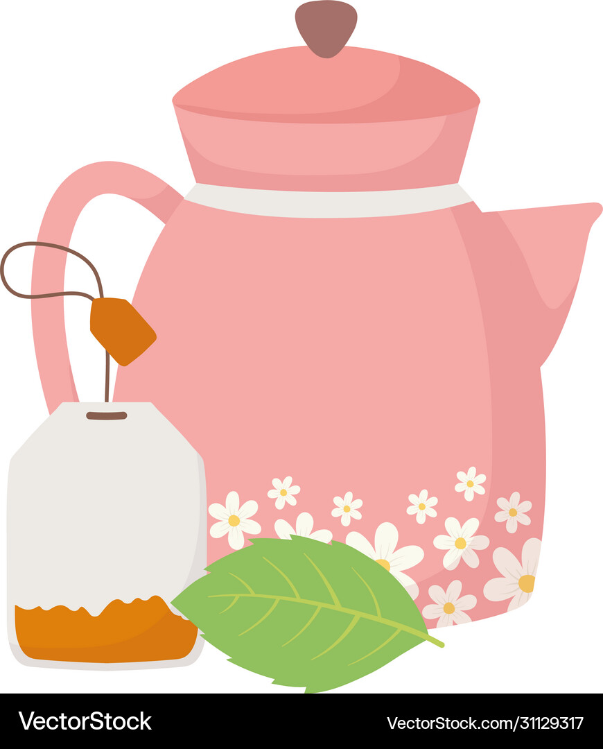 Tea time kettle with flowers and bag leaf Vector Image