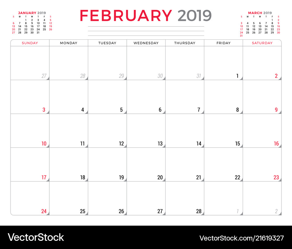 February 2019 calendar planner stationery design Vector Image
