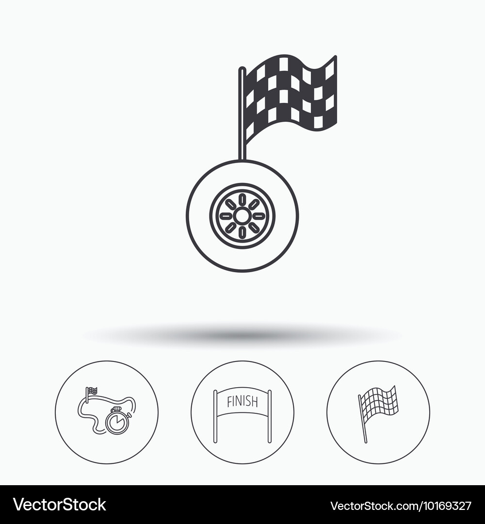 Finish flag race timer and wheel icons Royalty Free Vector