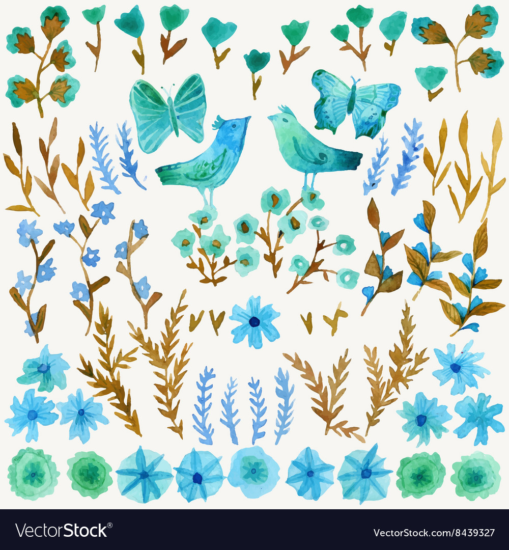 Watercolor set with leaves flowers birds Vector Image