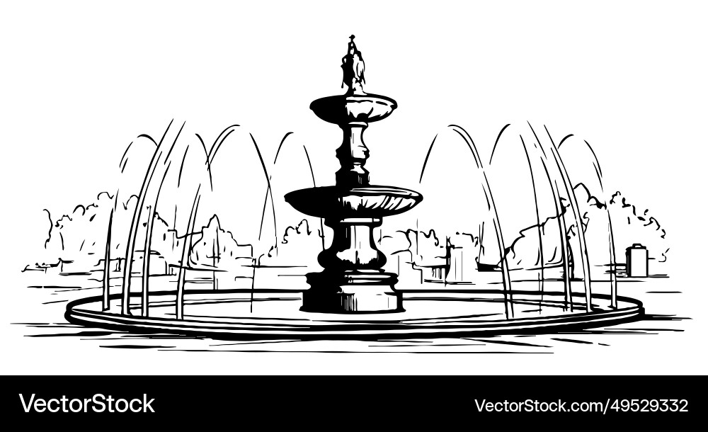 Fountain in park sketch engraving style Royalty Free Vector