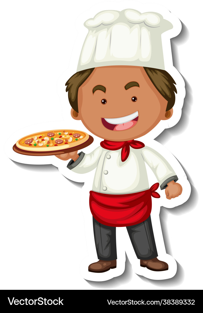 Sticker template with a chef man holds pizza tray Vector Image