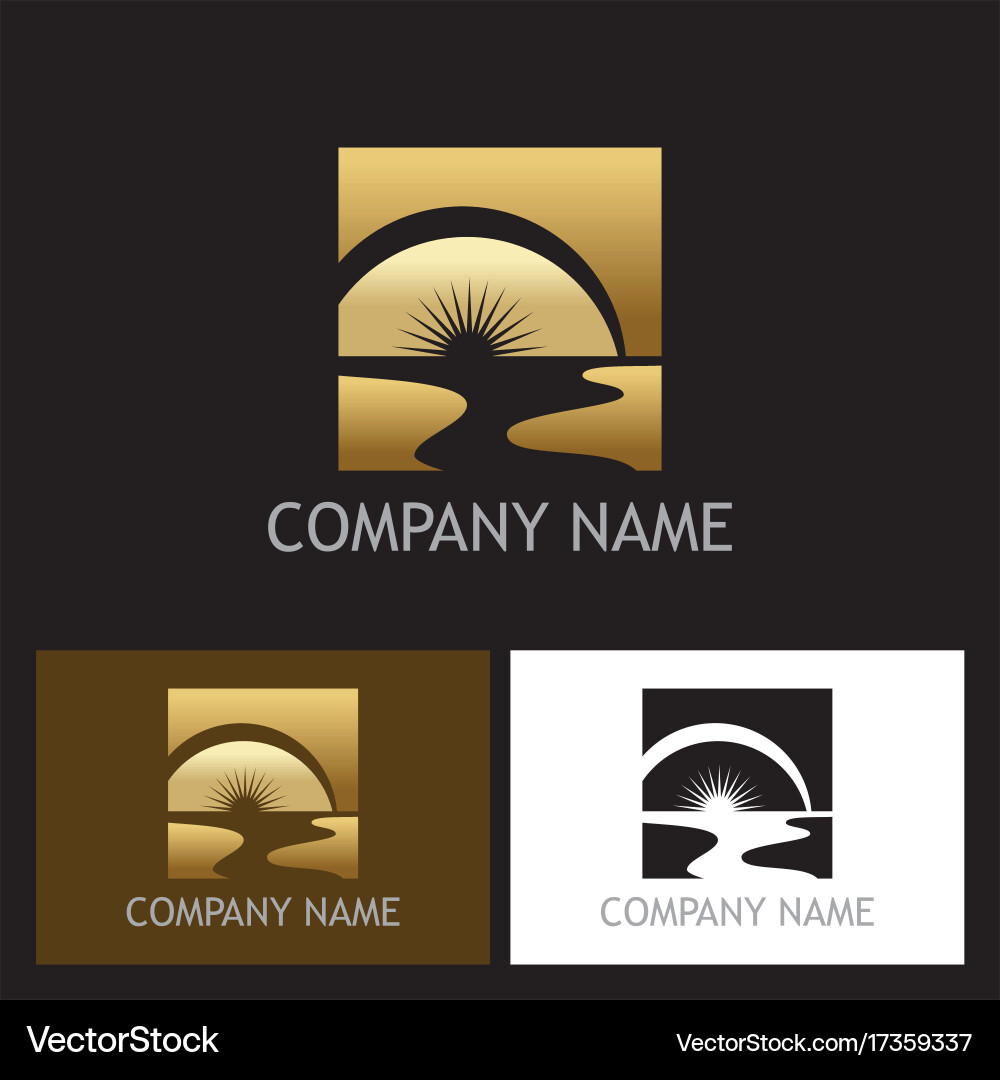 Gold sun beach river logo Royalty Free Vector Image
