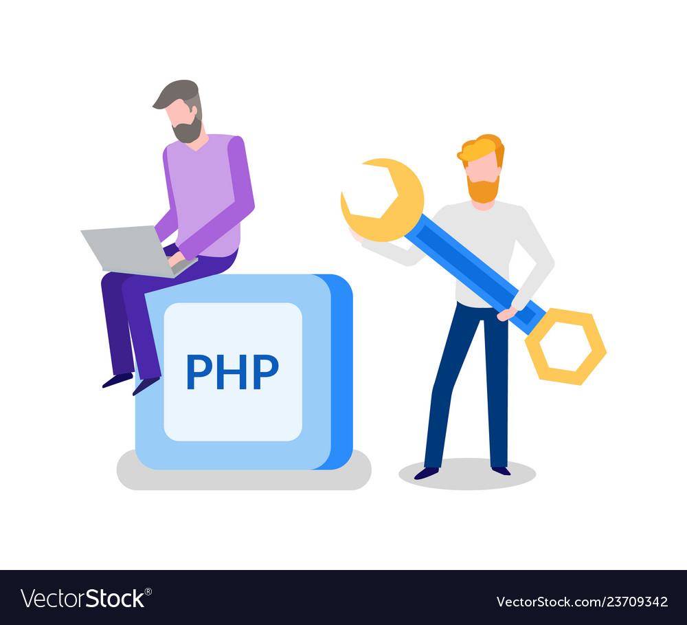 Banner php two working men with wrench Royalty Free Vector