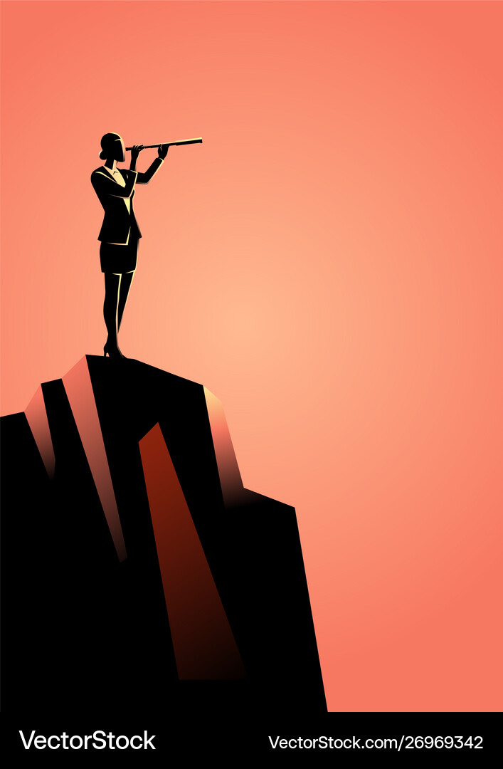 Businesswoman using telescope on top Royalty Free Vector