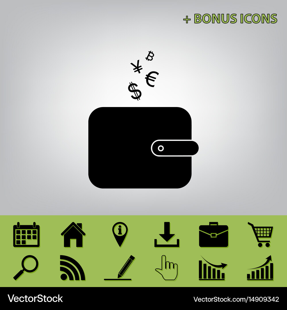 Wallet sign with currency symbols black Royalty Free Vector