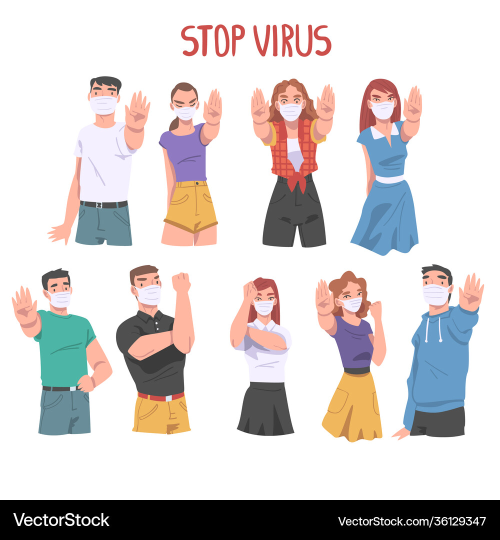 People characters wearing face mask showing stop Vector Image