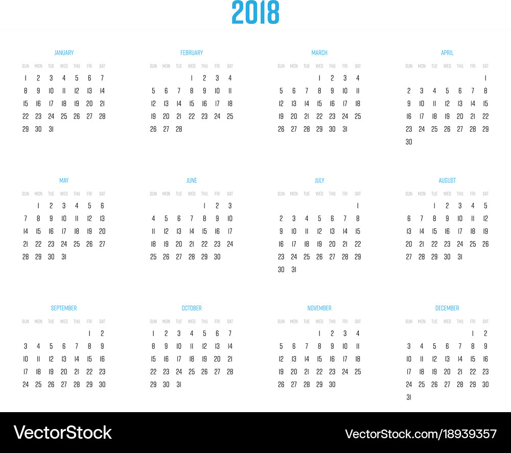 Calendar - year 2018 week starts from Royalty Free Vector