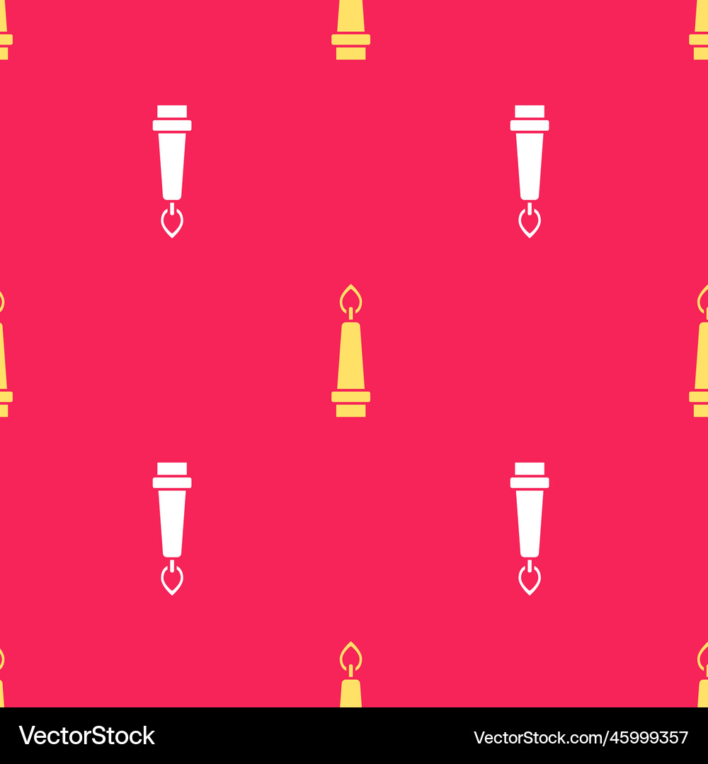 Yellow burning candle in candlestick icon isolated