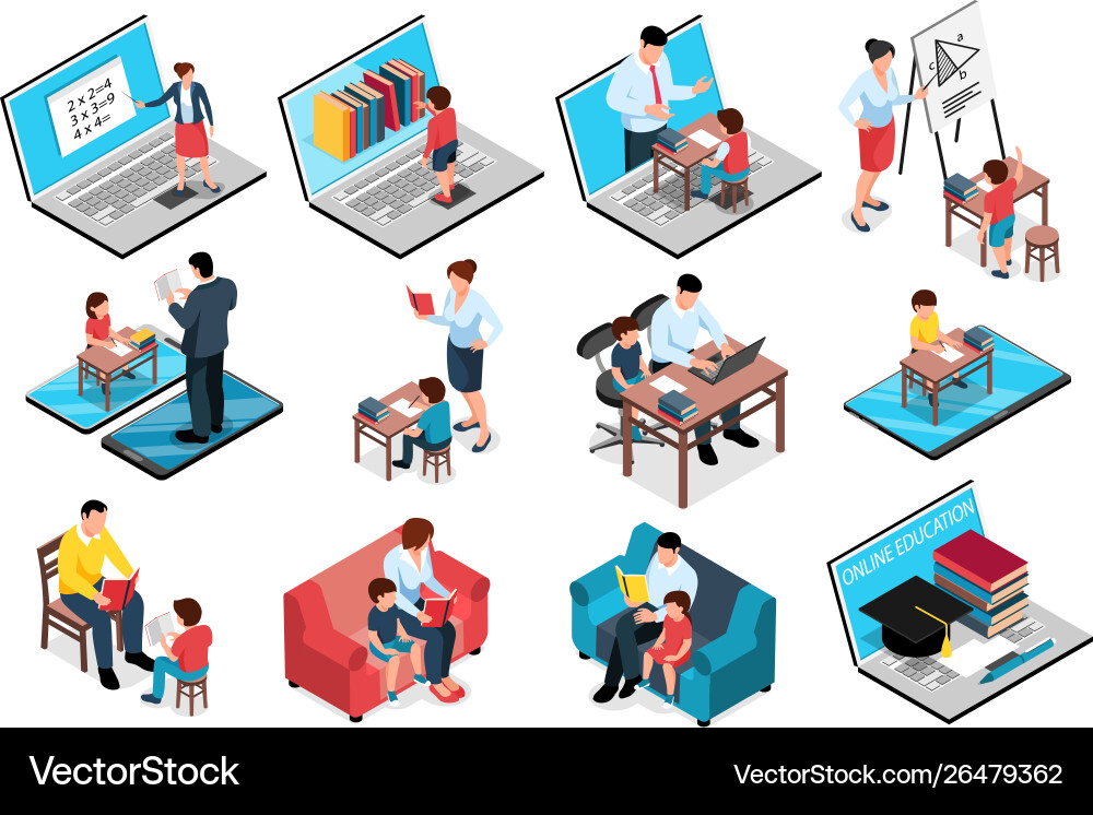 Family education isometric set Royalty Free Vector Image