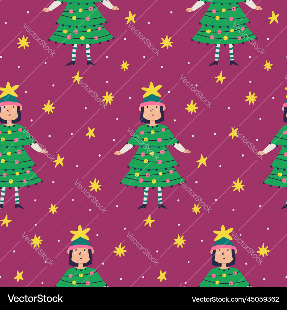 Pattern background girl in christmas tree costume Vector Image