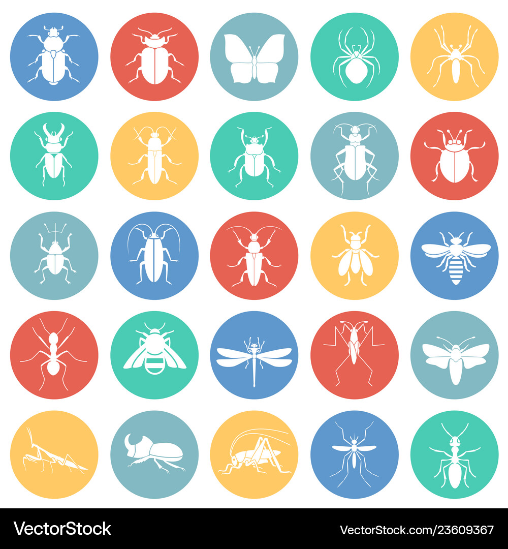 Insects icons set on color circles white Vector Image