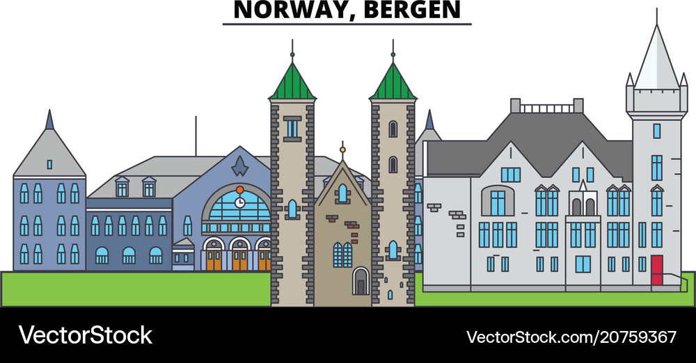 Norway bergen city skyline architecture Royalty Free Vector