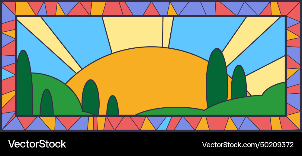 Church stained glass window with landscape Vector Image