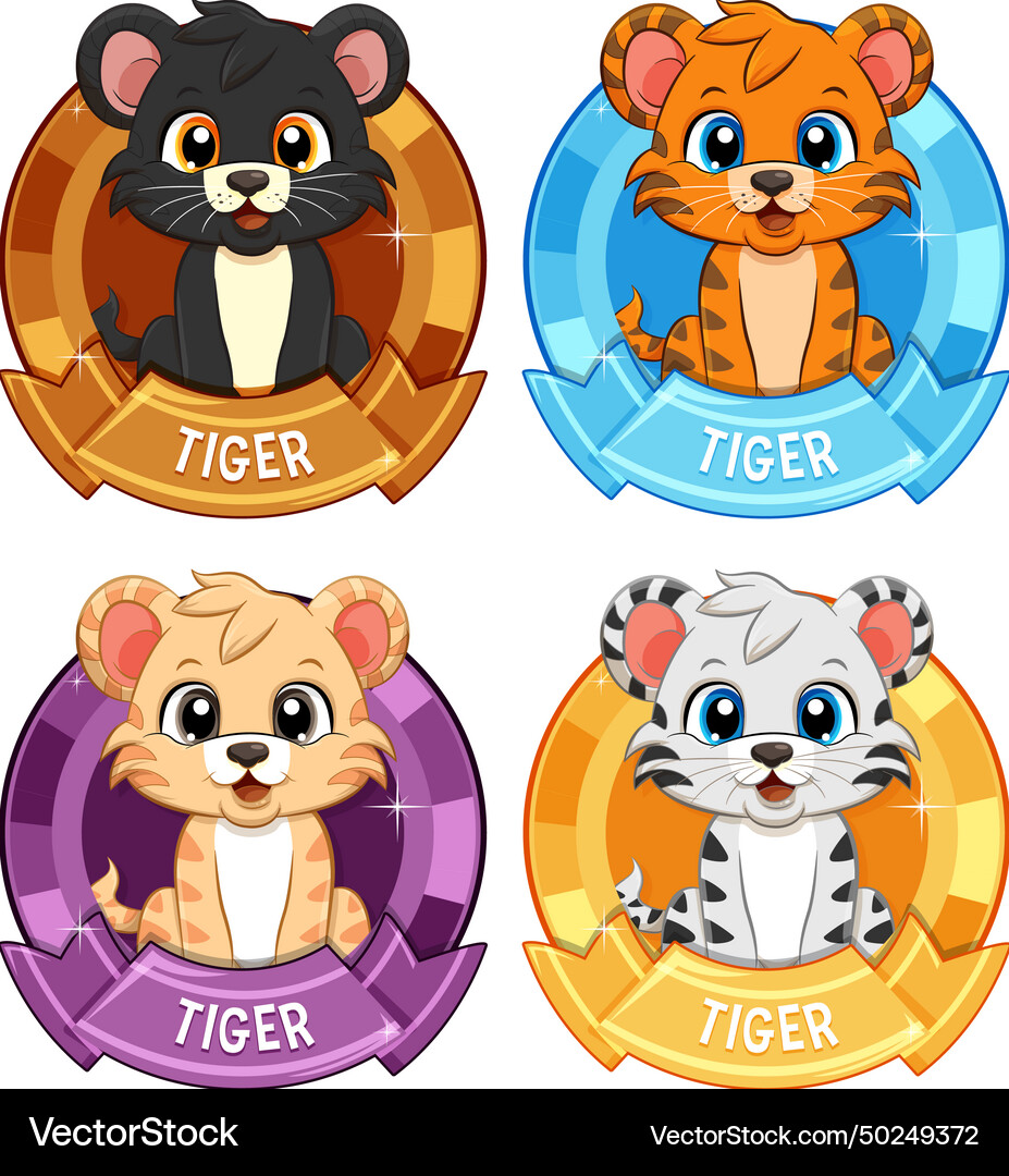 Four stylized tiger characters in vibrant badges Vector Image