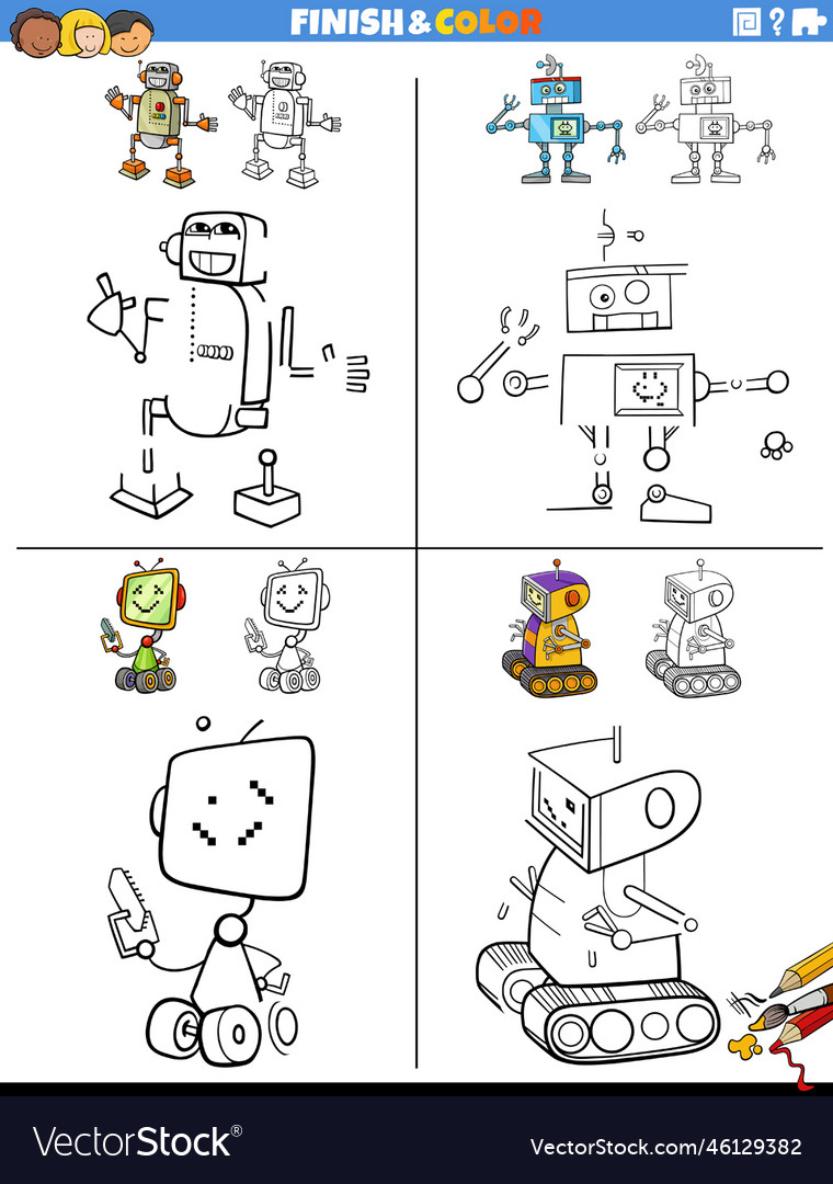 Drawing and coloring worksheets set with robots Vector Image