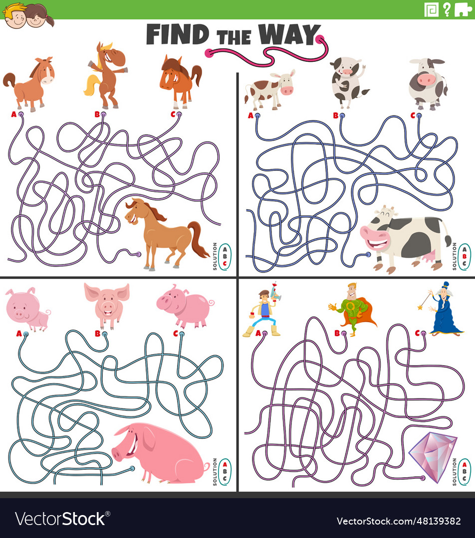 Find the way maze games set with cartoon Vector Image