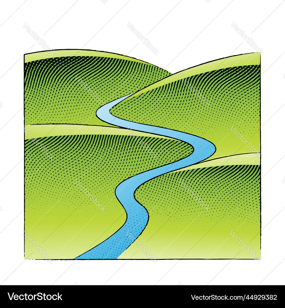 Scratchboard engraved of hills and river Vector Image