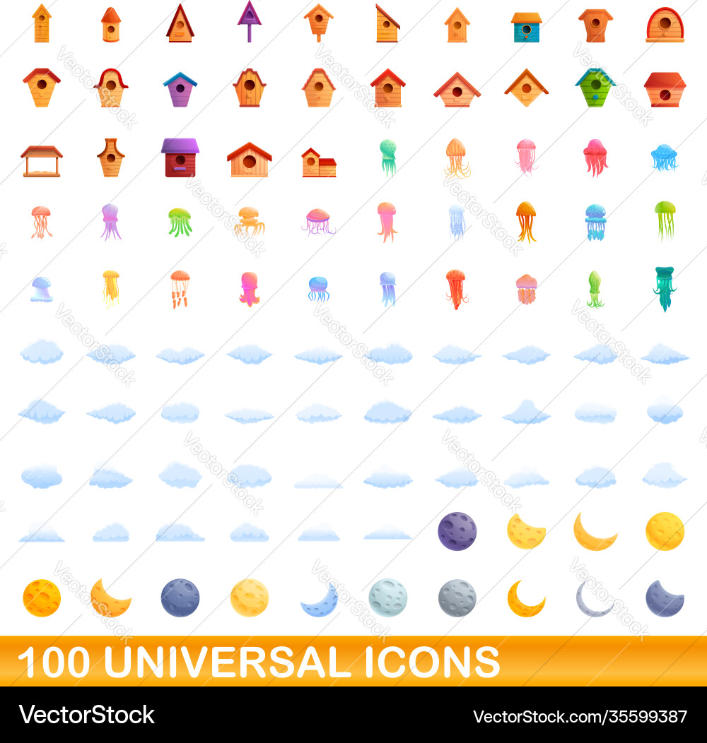 100 universal icons set cartoon style Royalty Free Vector