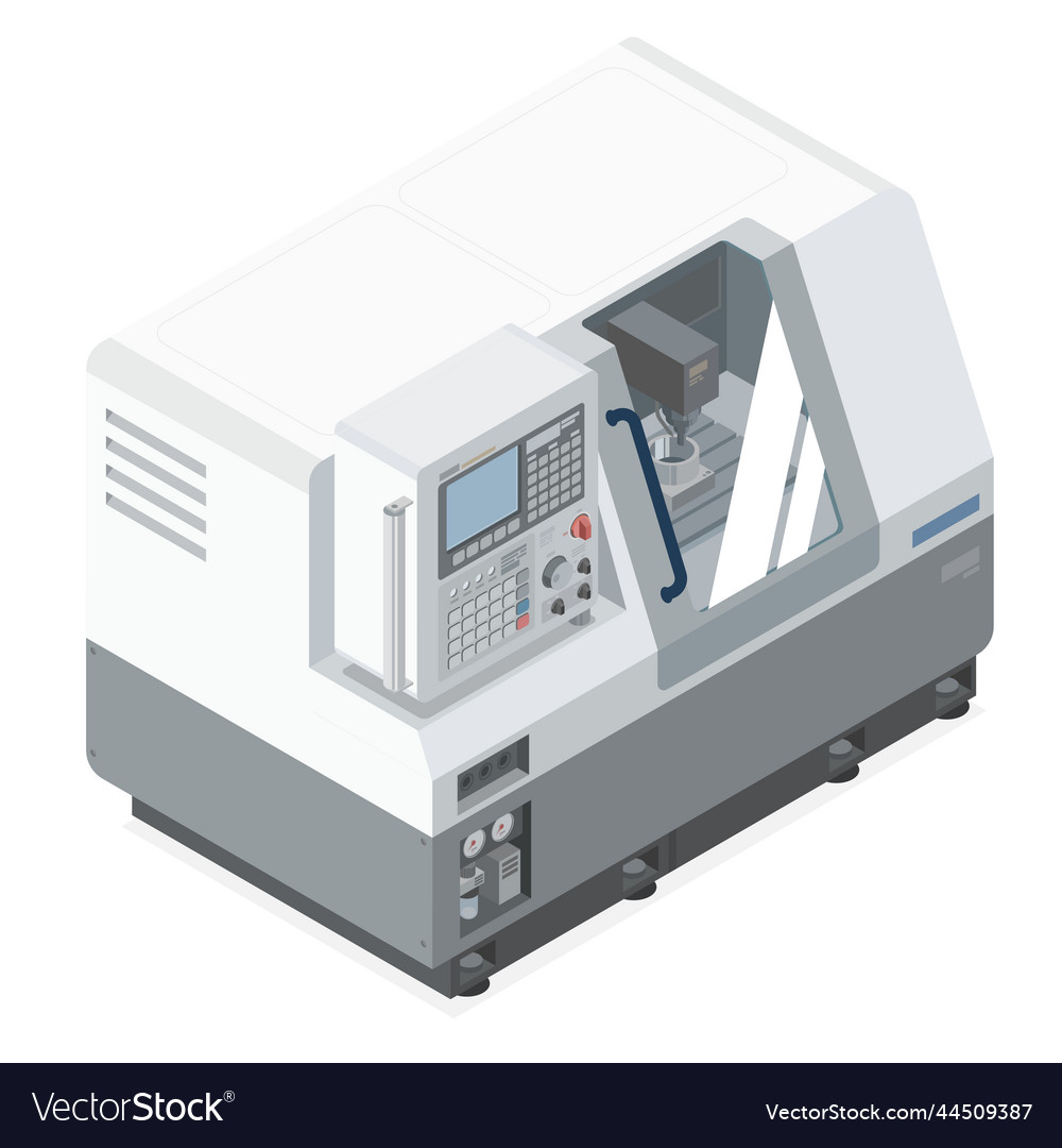 Cnc isometric cartoon machine control Royalty Free Vector