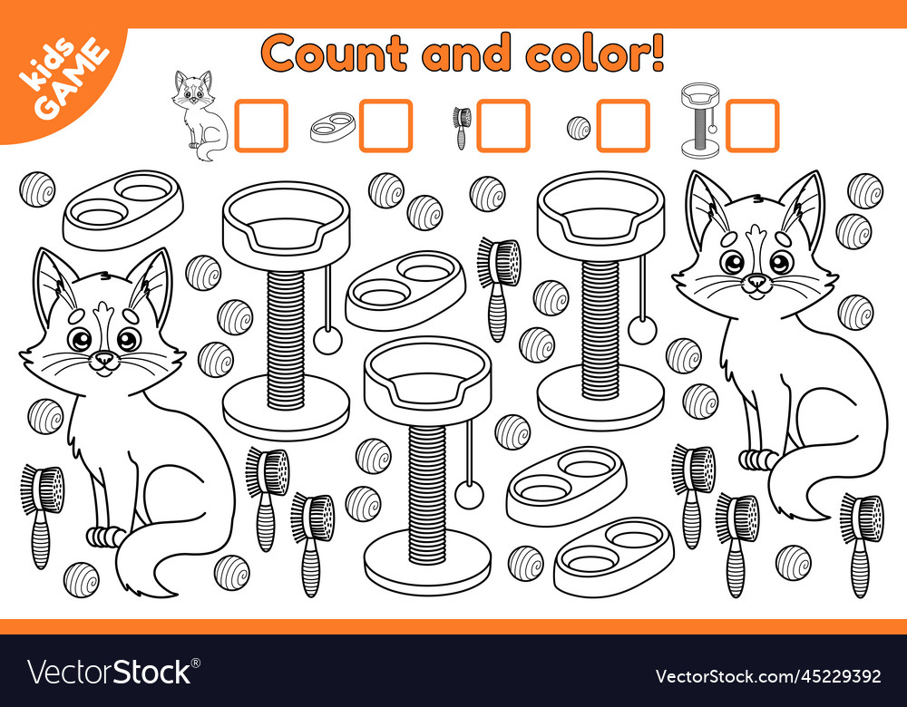 Count and color game cartoon cat with accessories Vector Image