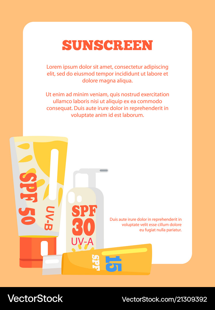 Sunscreen poster depicting various lotions Vector Image