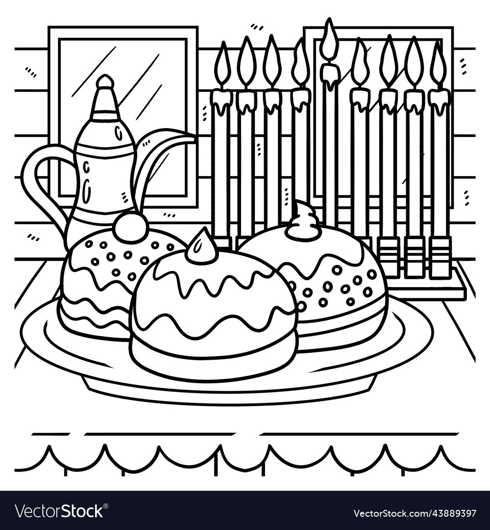 Hanukkah sufganiyah with menorah coloring page Vector Image Hanukkah sufganiyah with menorah coloring page Vector Image
