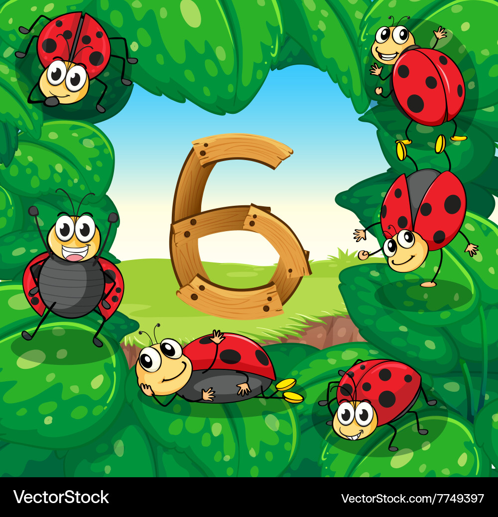 Six ladybugs on leaves with number 6 Royalty Free Vector