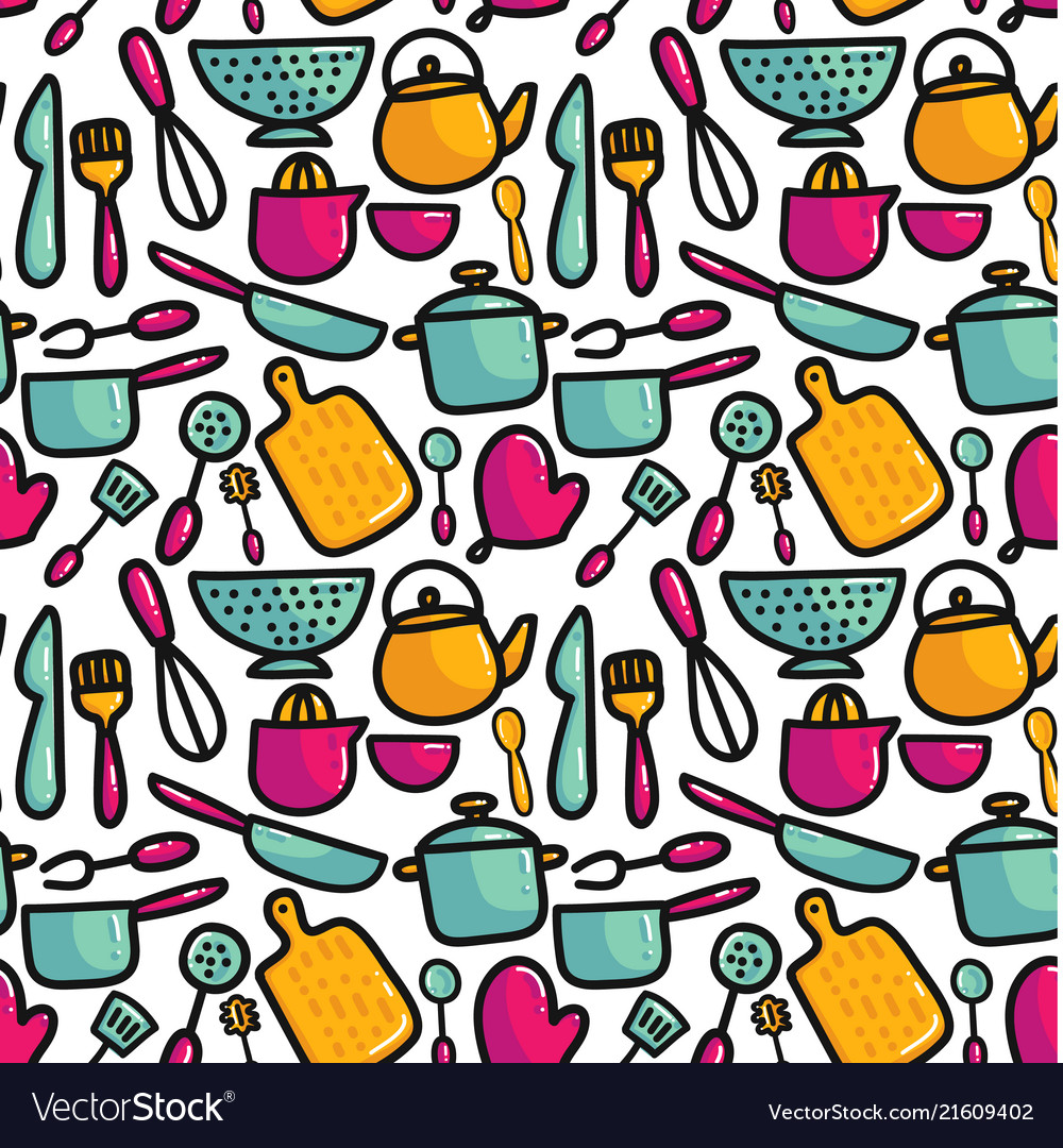 Doodle Cartoon Küchenelemente nahtloses Muster Vektorbild