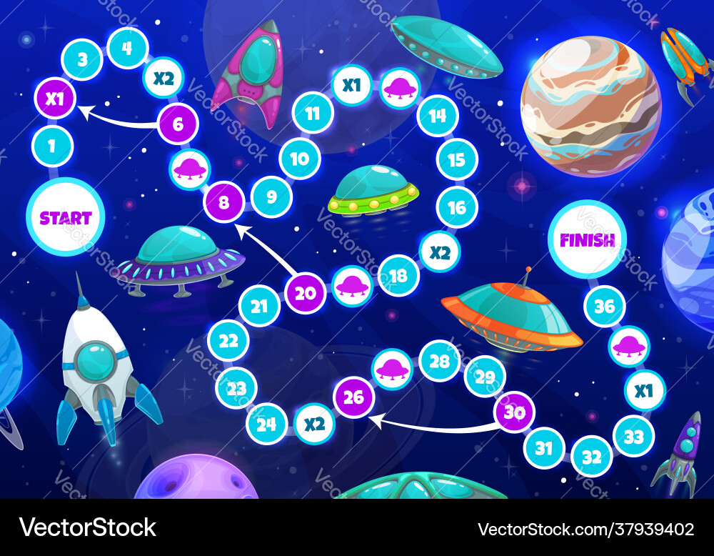 Kids boardgame with spaceships and planets riddle Vector Image