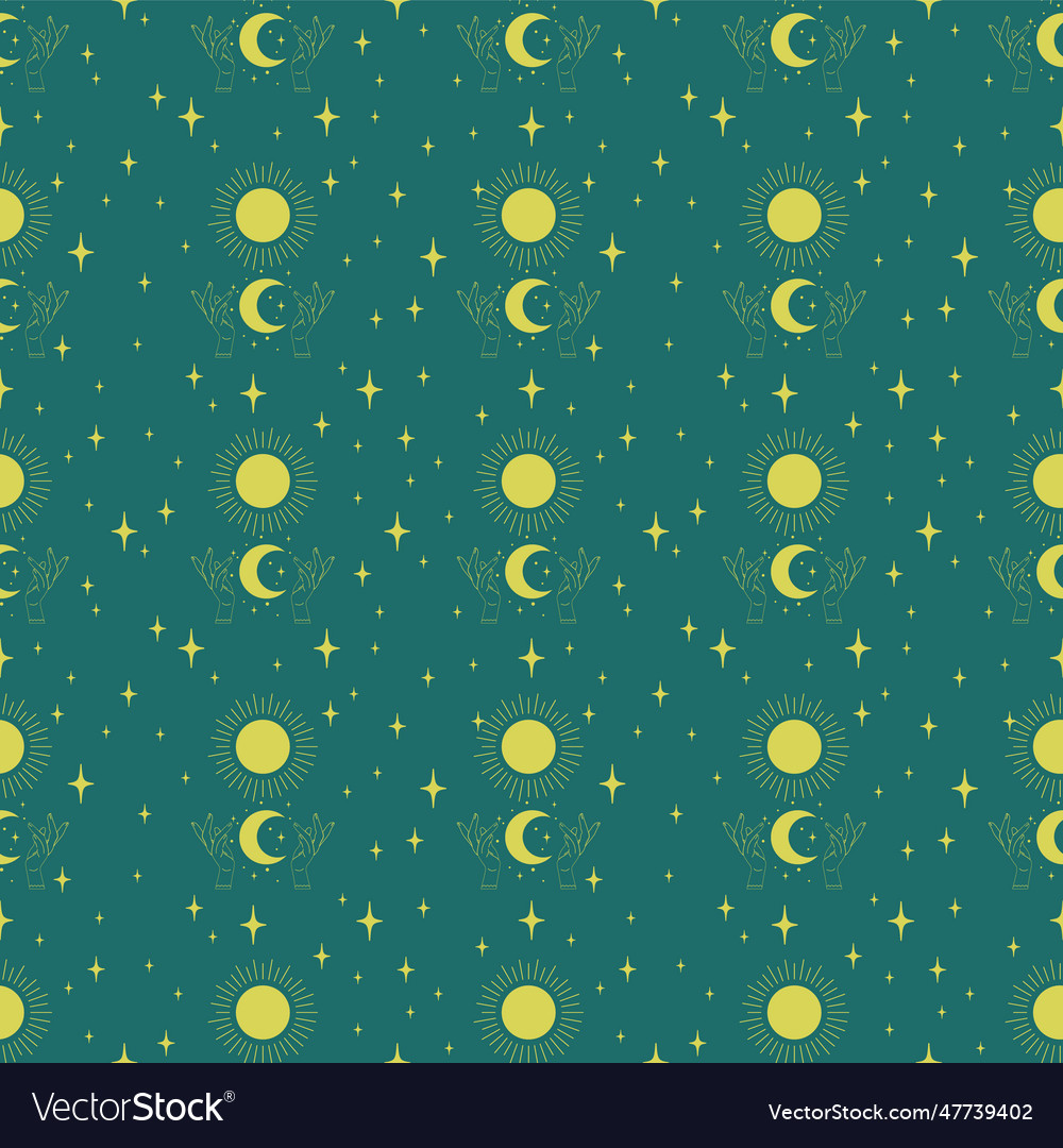 Seamless pattern of sun and moon in hands Vector Image