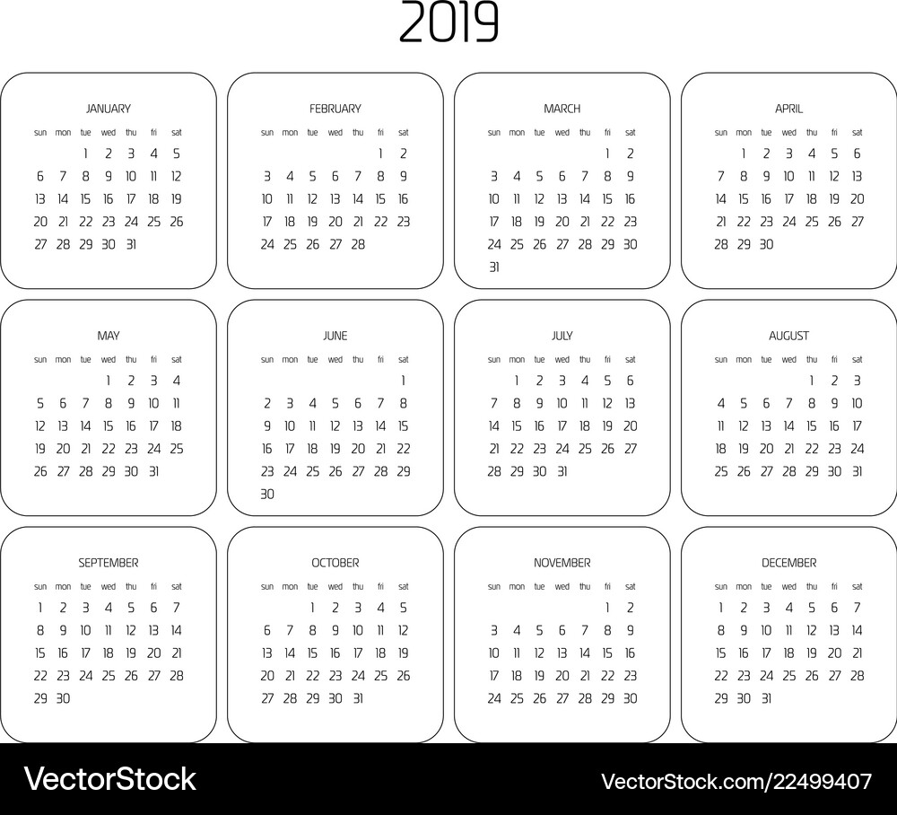 Calendar - year 2019 week starts from Royalty Free Vector