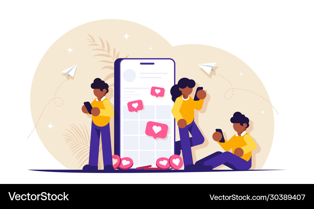Social networking young man and woman using Vector Image