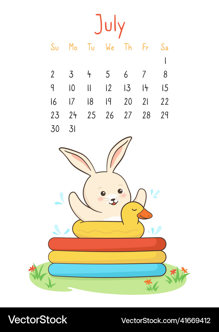 Calendar 2023 rabbit page july planner Royalty Free Vector
