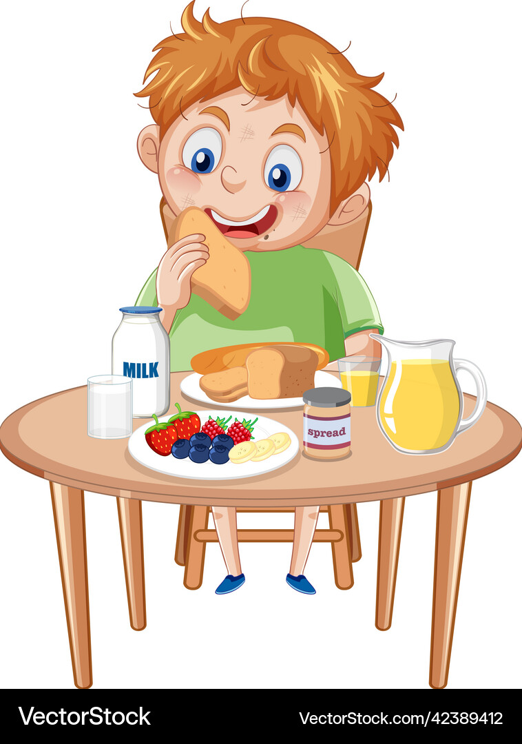 Happy boy having meal at the table Royalty Free Vector Image