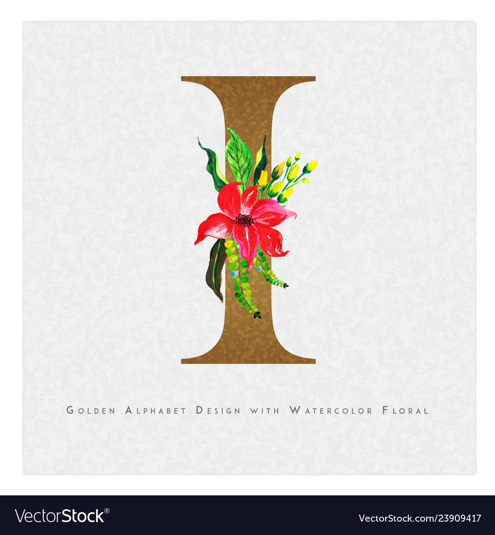 Golden letter i watercolor floral background Vector Image