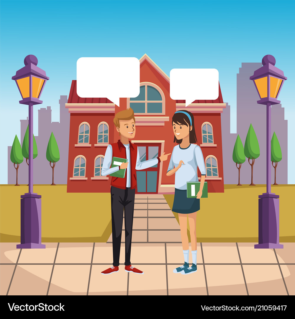 Young students outside of high school Royalty Free Vector