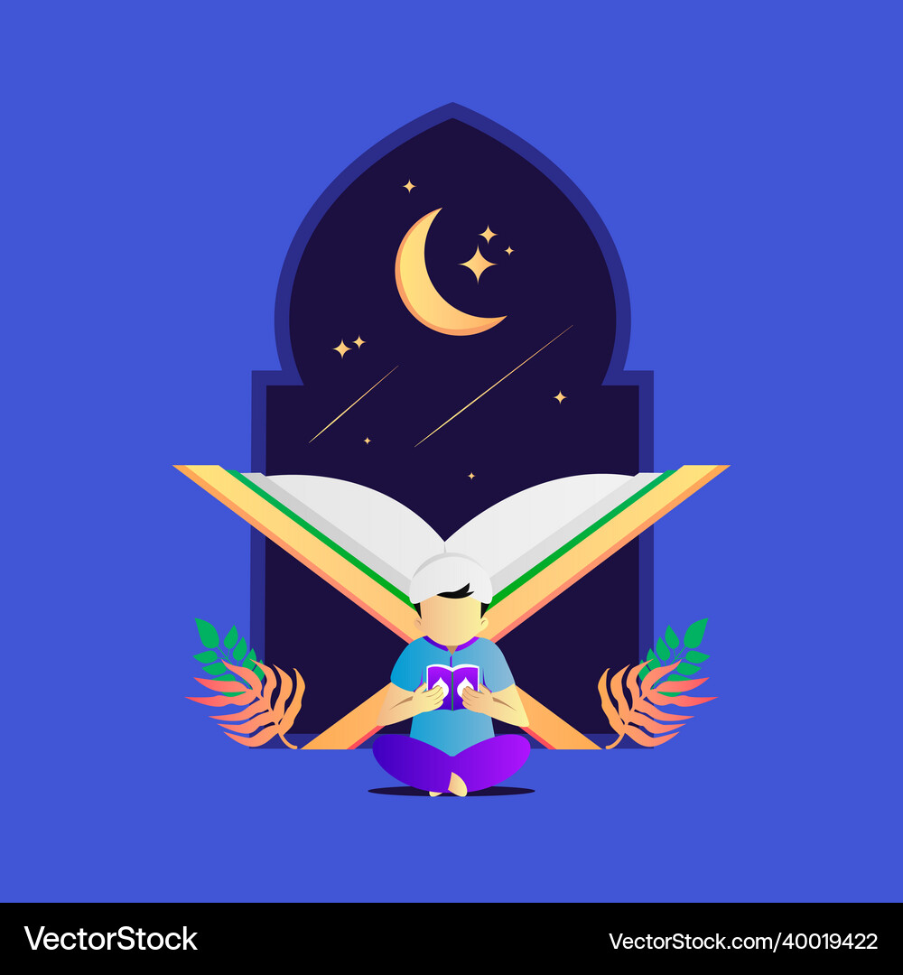 Design boy reading quran at night Royalty Free Vector Image