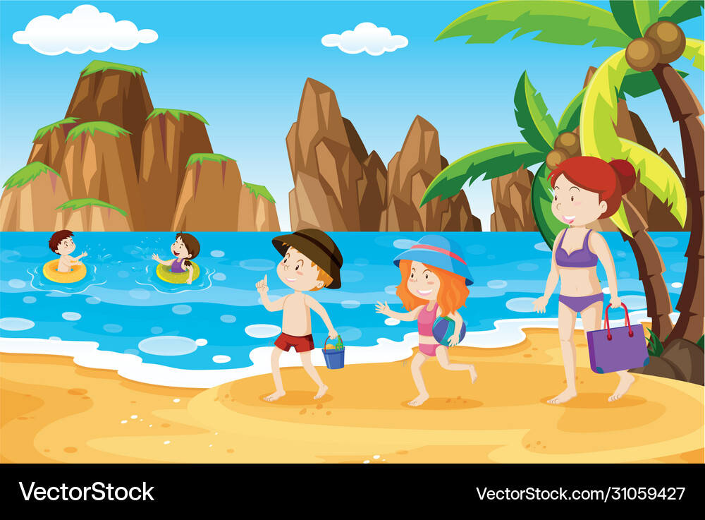 Ocean scene with people having fun on beach Vector Image