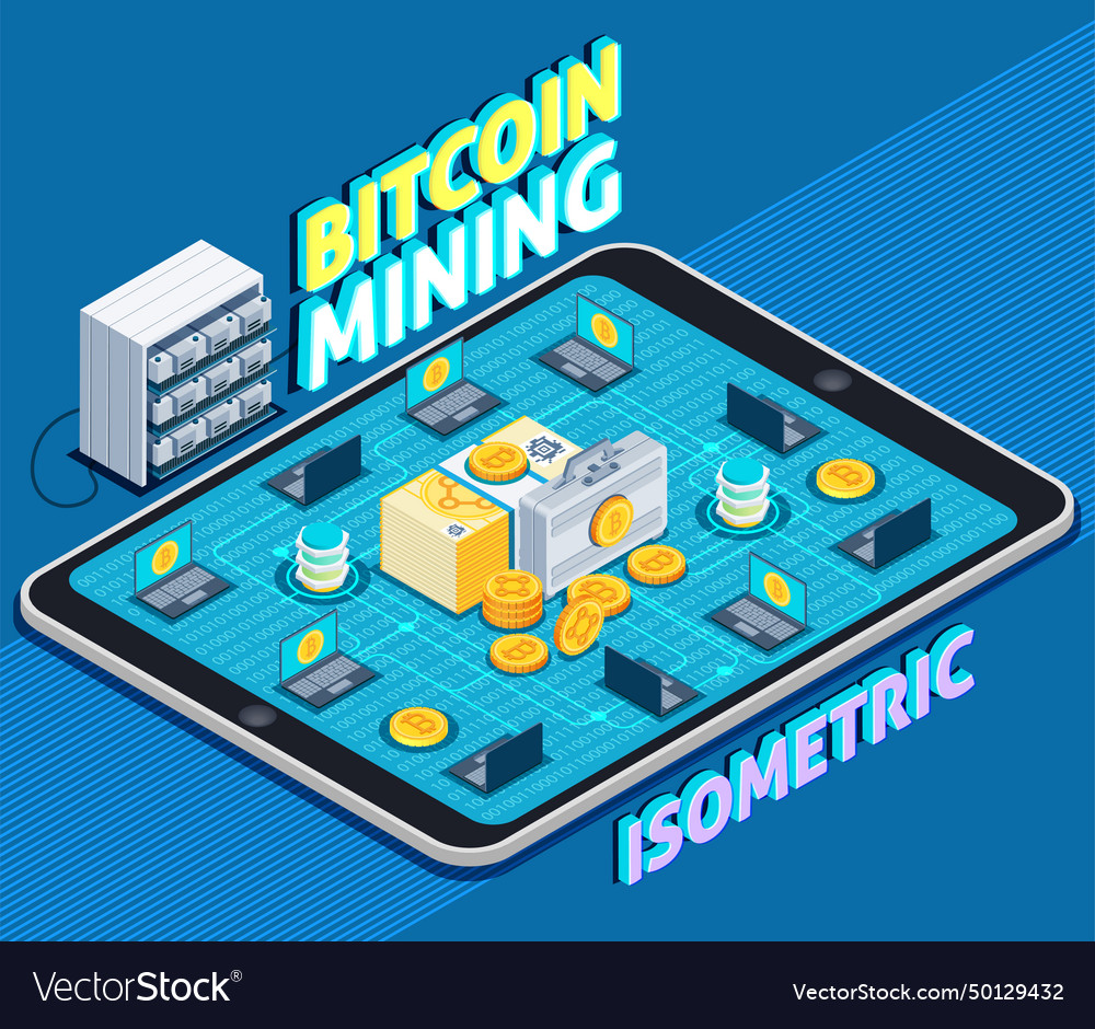 Bitcoin mining isometric composition Royalty Free Vector