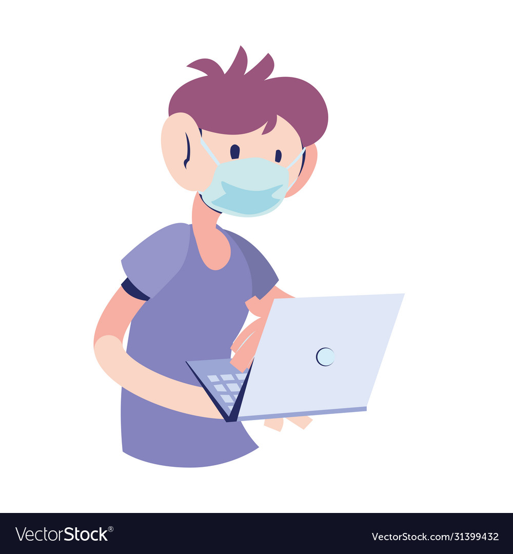 Man with mask working on computer Royalty Free Vector Image