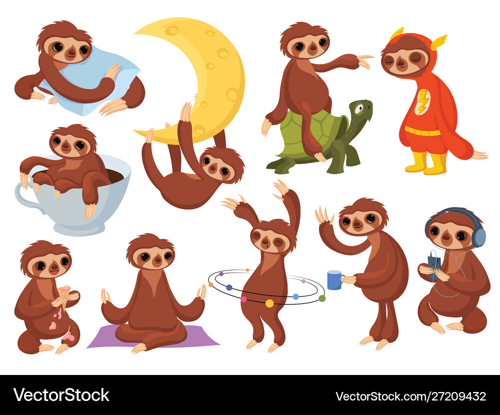Set cartoon sloths collection cute Royalty Free Vector Image