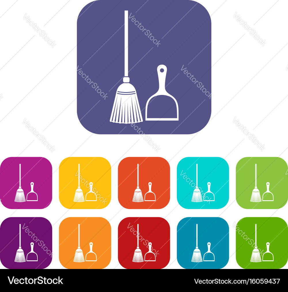 Broom and dustpan icons set Royalty Free Vector Image