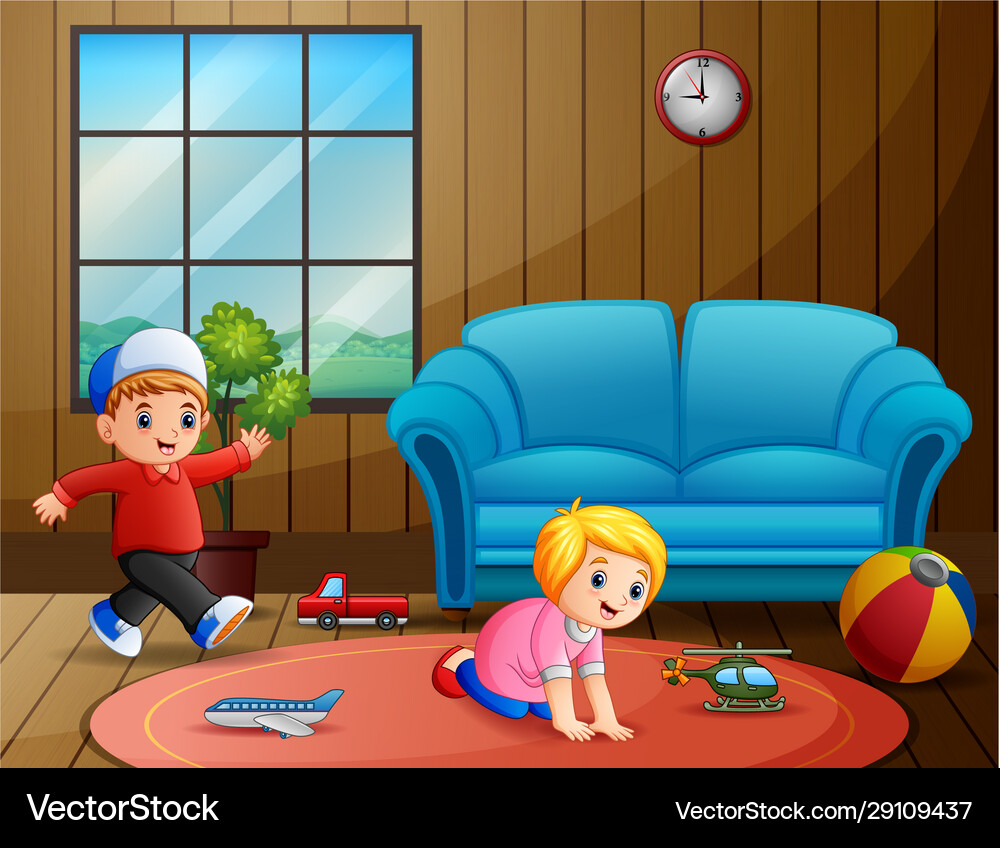Children playing their toys inside room Royalty Free Vector