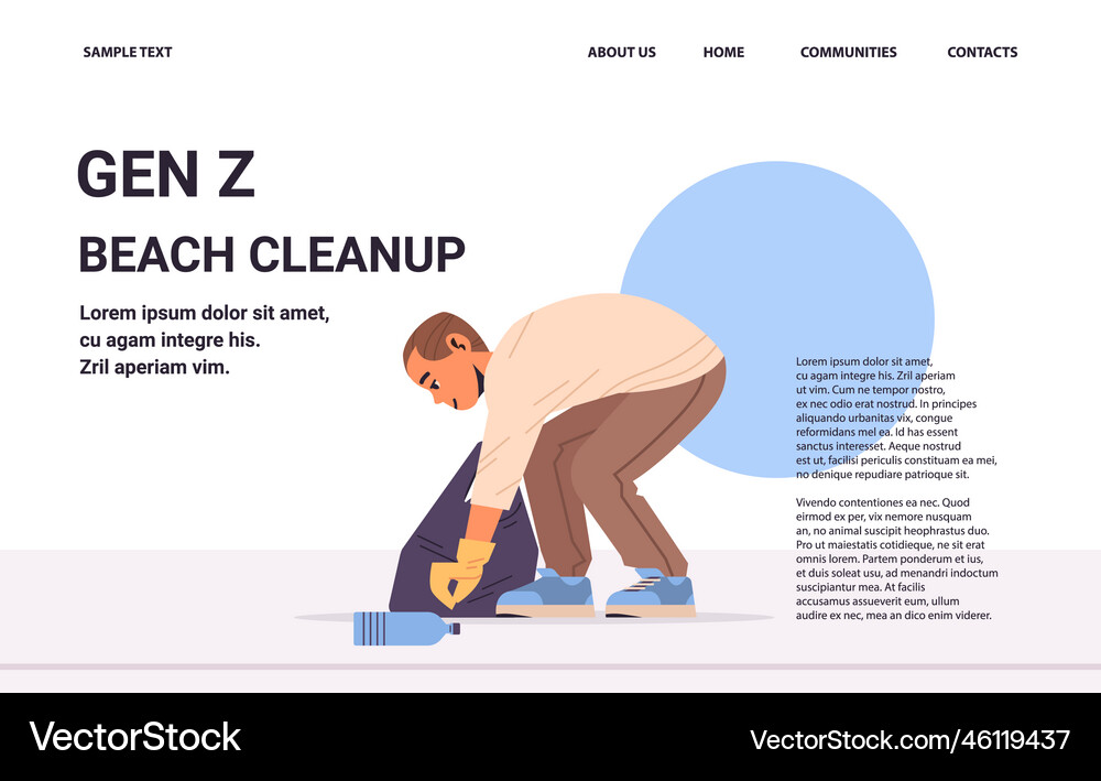 Guy collecting trash into bag beach cleanup Vector Image