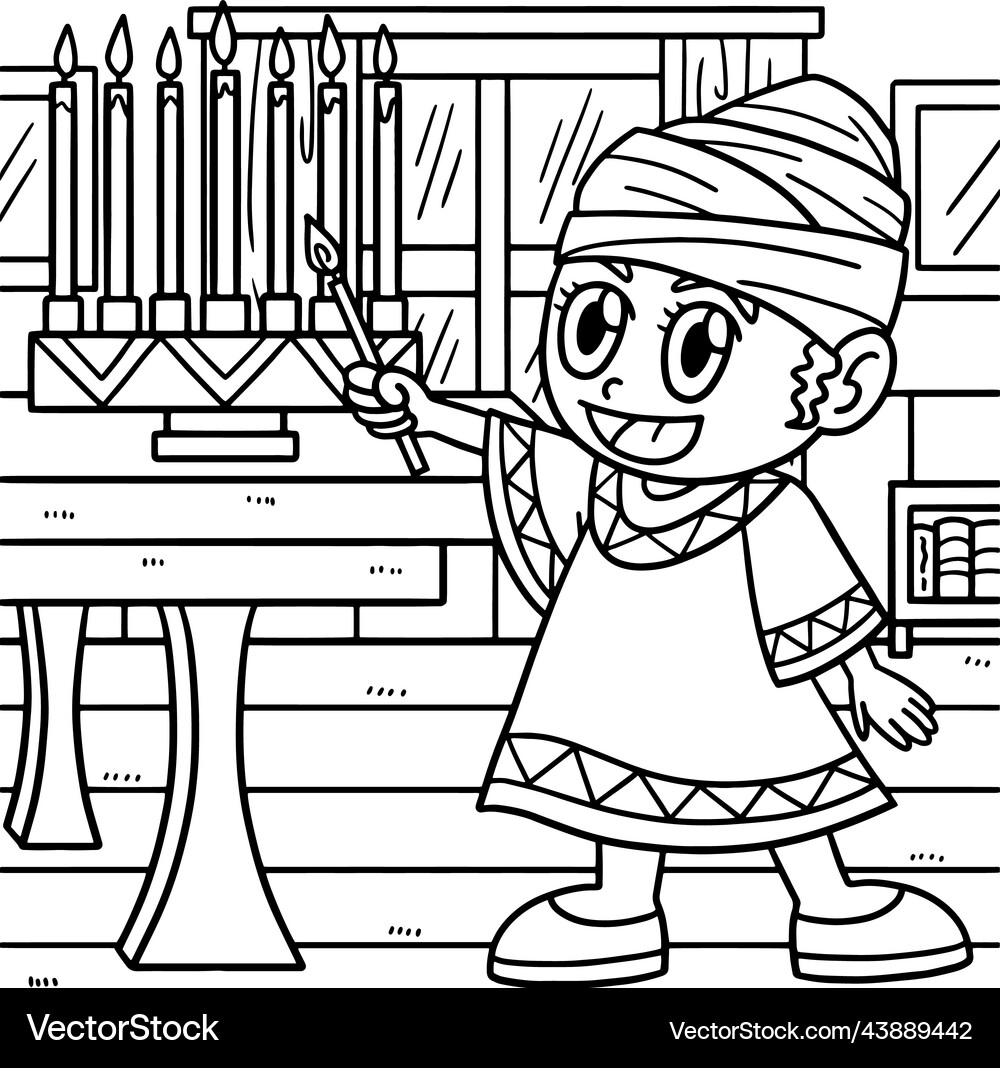 Kwanzaa child lighting kinara coloring page Vector Image